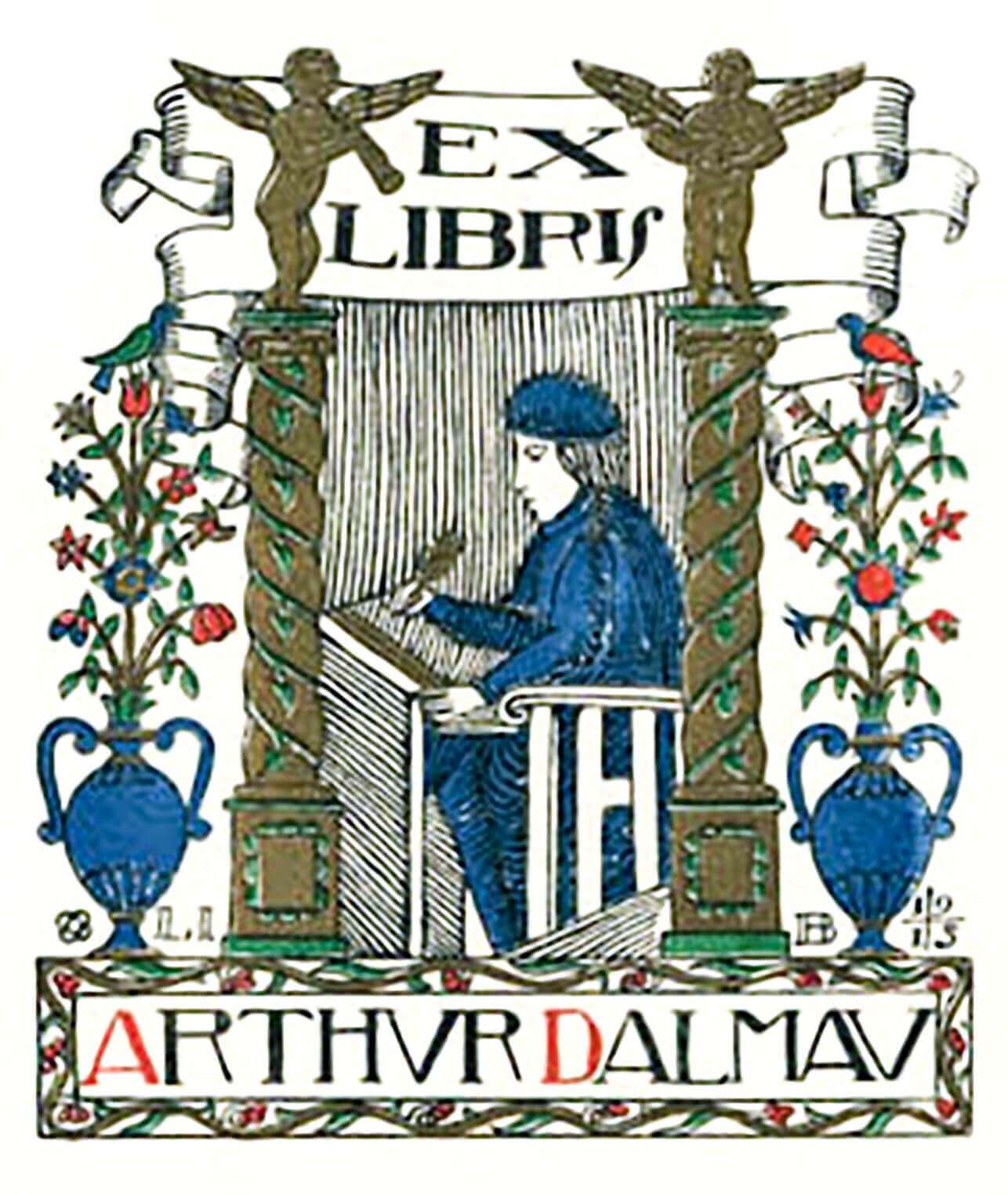 Exlibris #293 Monje escribiendo entre dos columnas con ángeles y ...
